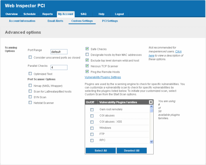 Custom Settings, Vulnerability Management, PCI scan | COMODO Web Inspector